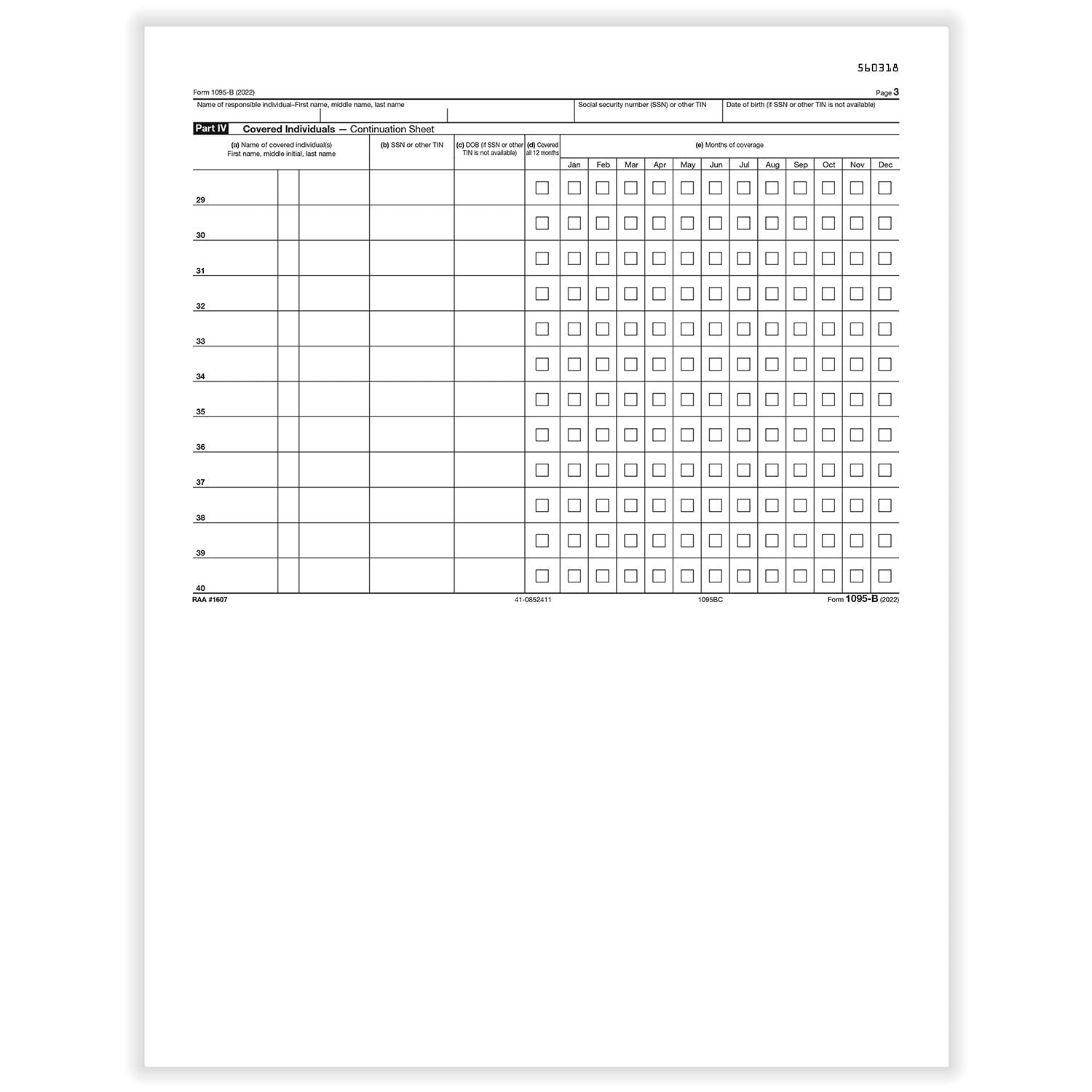 1095-B Health Coverage Continuation Forms Laser Cut Sheet (100 Sheets/Pack)