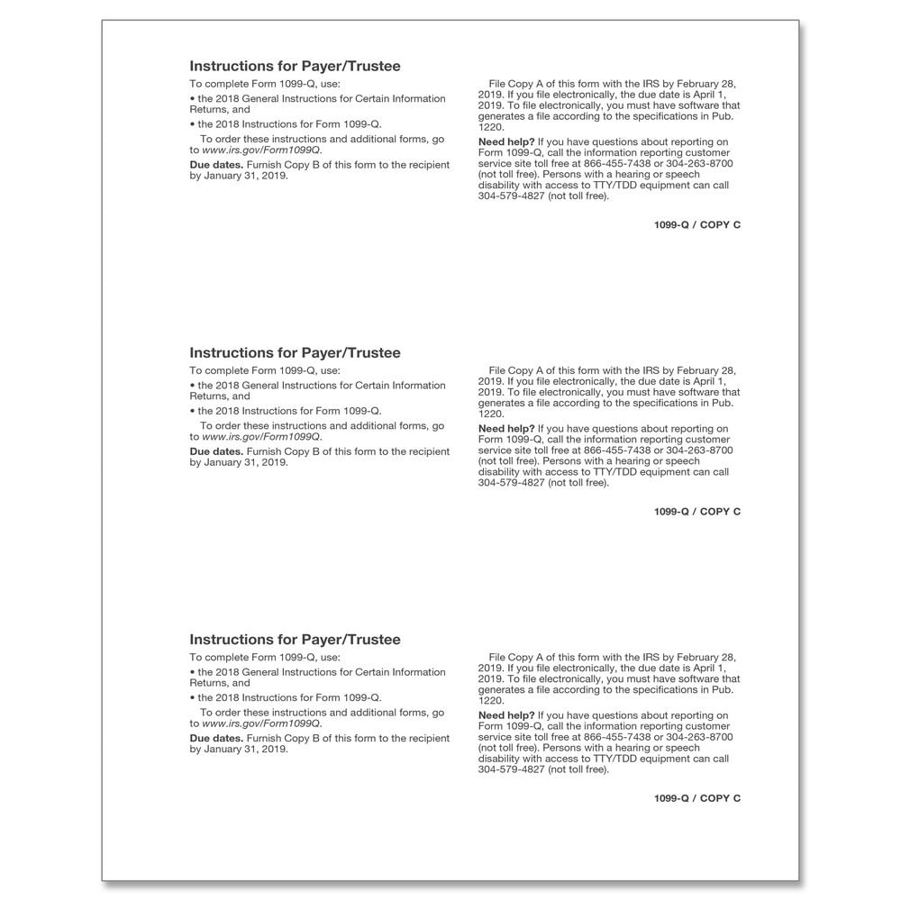 1099-Q Qualified Tuition Payments Payer or State Copy C Cut Sheet (100 ...