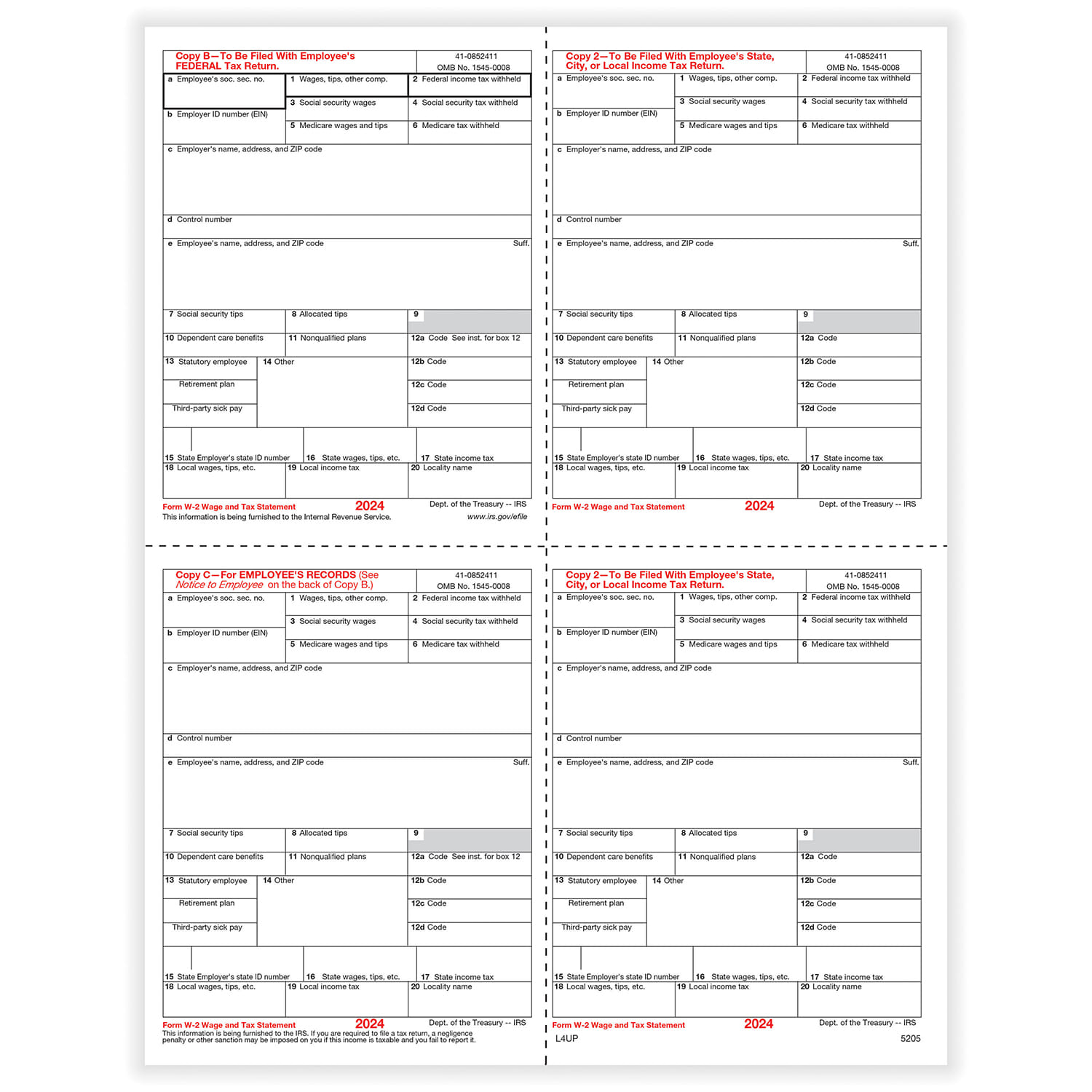 W-2 Employee 4-Up Box Copy B,C,2 and 2 or Extra Copy Cut Sheet (500 ...